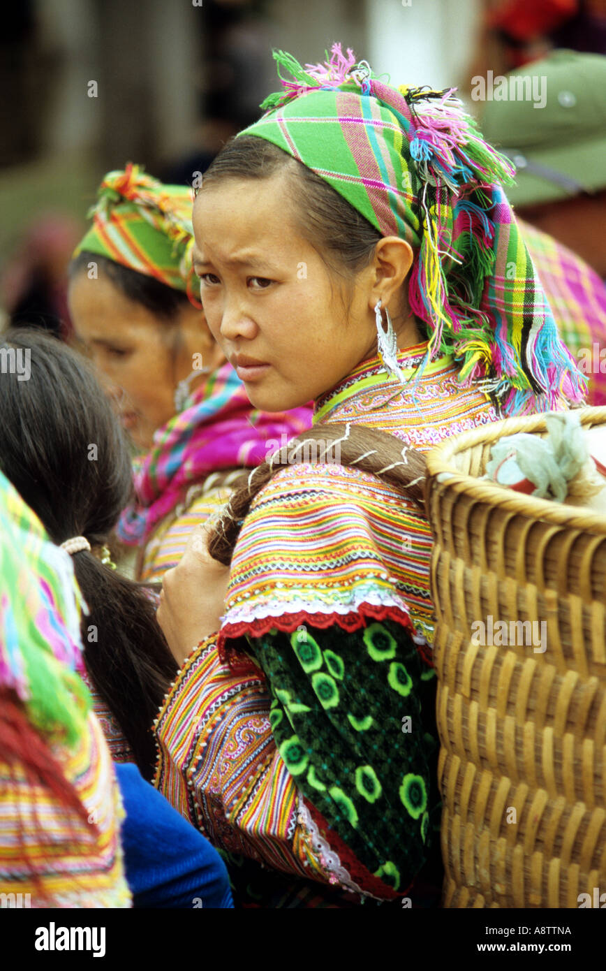 Portrait of traditionally dressed young Flower Hmong woman at the ...