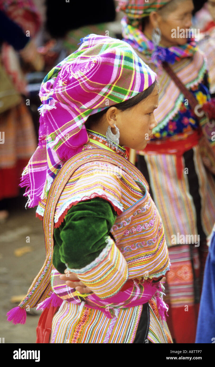 Portrait of traditionally dressed Flower Hmong girl at the Sunday ...
