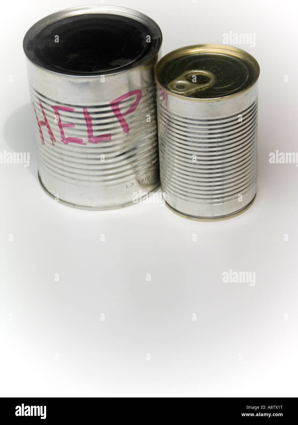 can , food help conceptual on a white background Stock Photo - Alamy