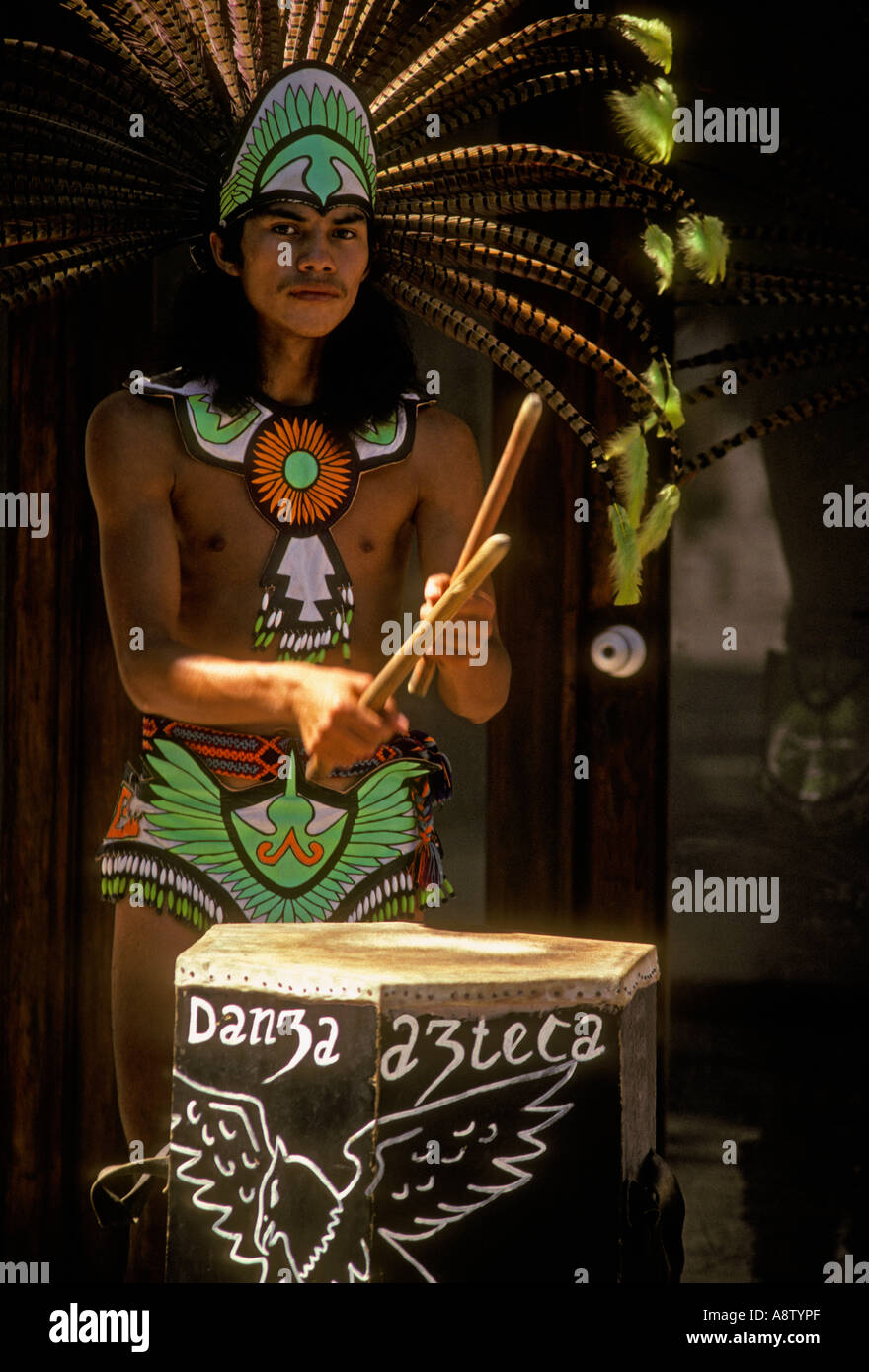 1, one, Mexican man, young man, wearing Aztec costume, musician ...