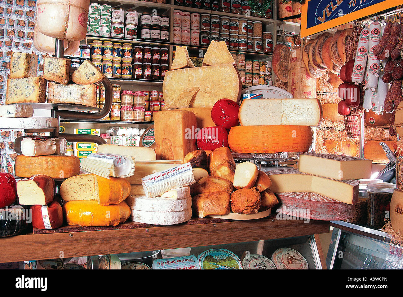 Still life indoor close-up of delicatessen shop cheeses counter Stock ...