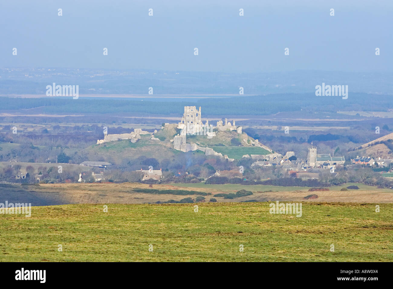 Ruins of Corfe Castle in Swanage Dorset Southern England as seen from a ...