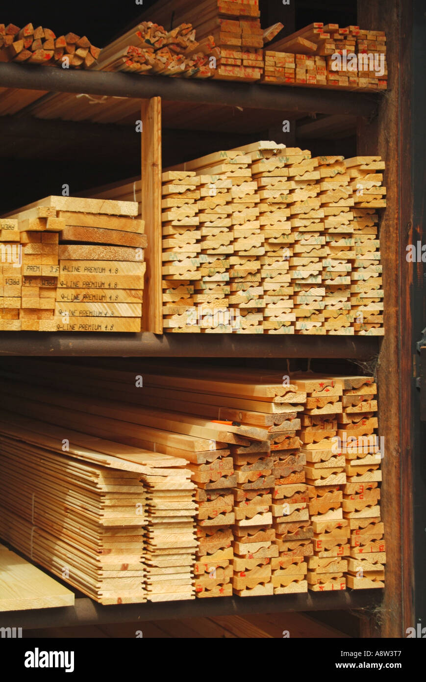 Timber yard with prepared wrot timber in racks awaiting selection and ...