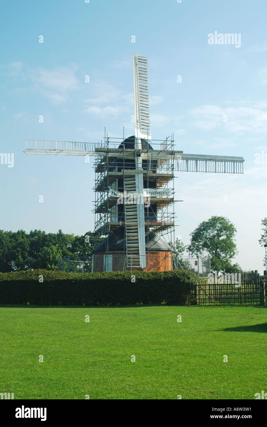Mountnessing post mill surrounded by scaffolding during restoration ...