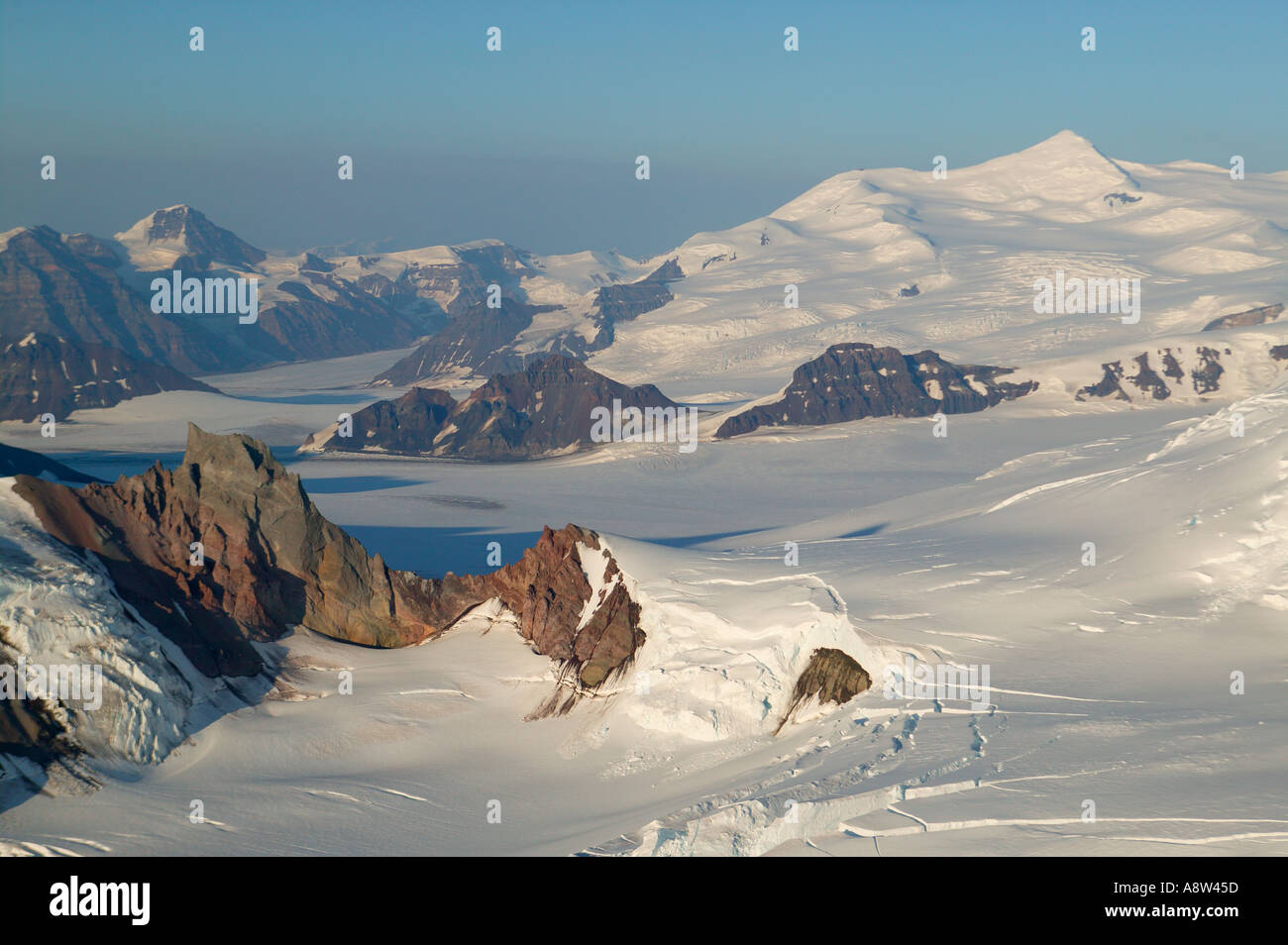 Mountains snow and ice around Mount Blackburn in Wrangell Saint Elias ...