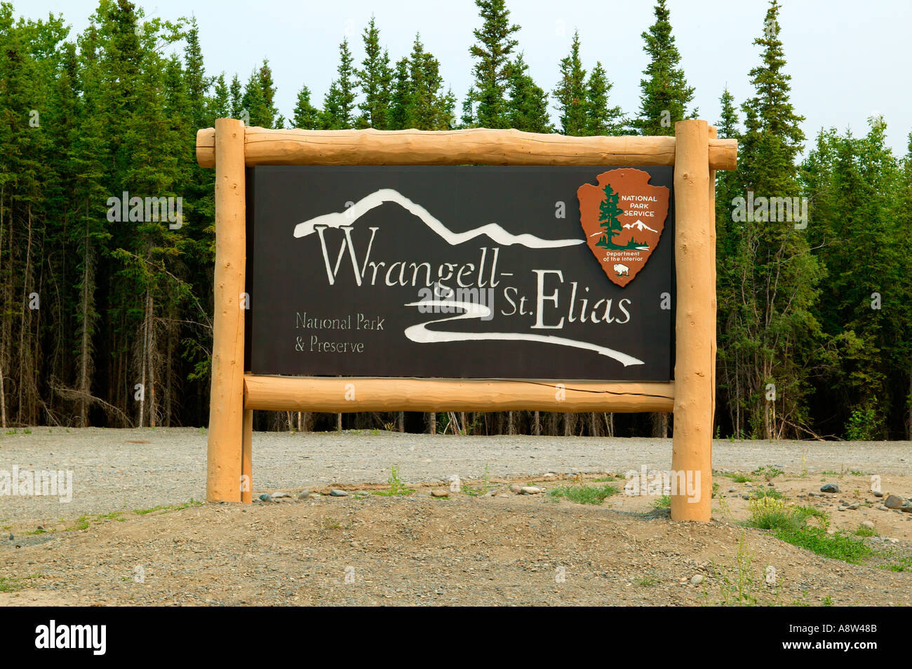 The sign at the visitor center and headquarters for the Wrangell St ...