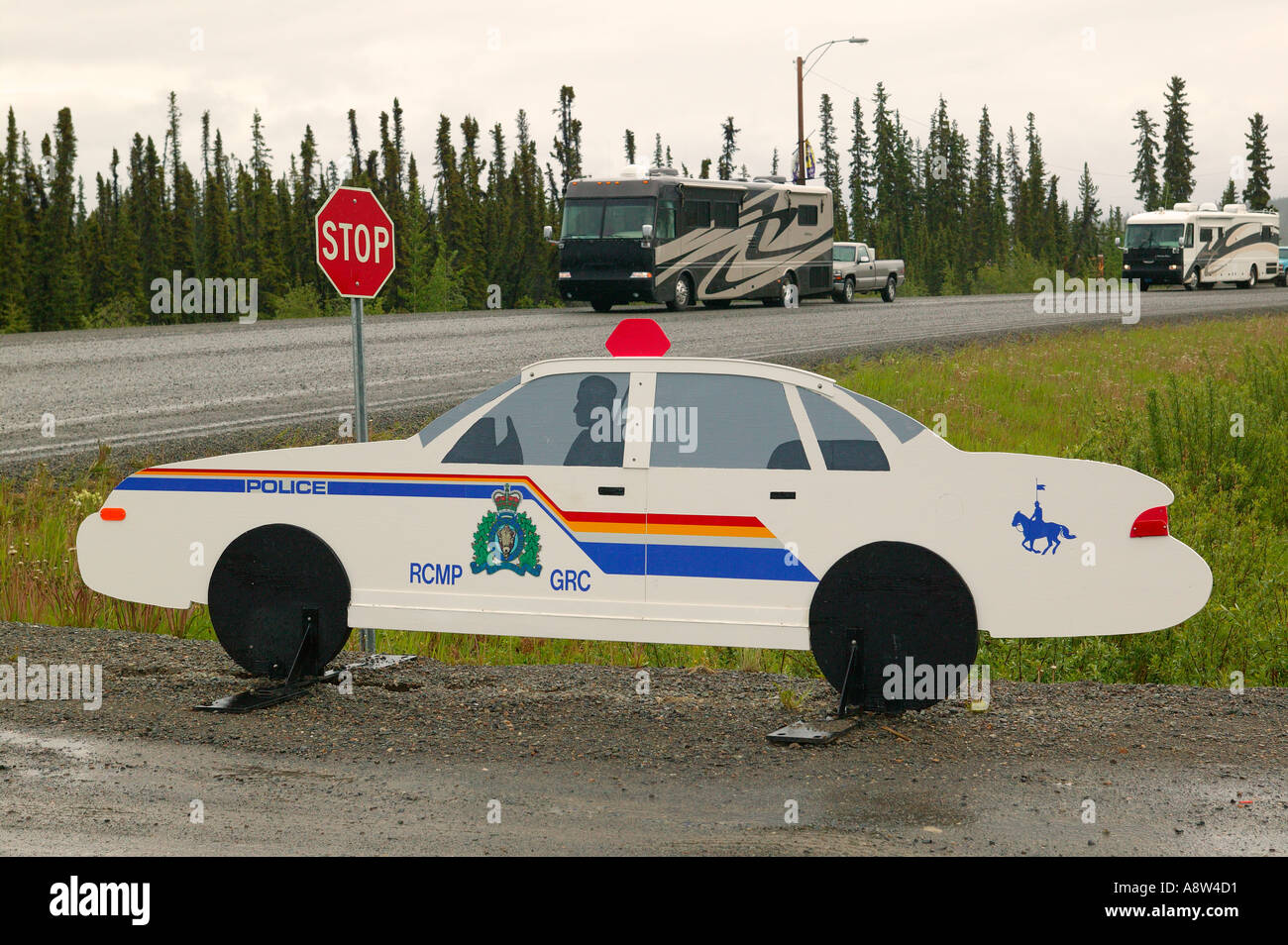 Fake Mounties car along the Alaska Highway Teslin Yukon Stock Photo - Alamy