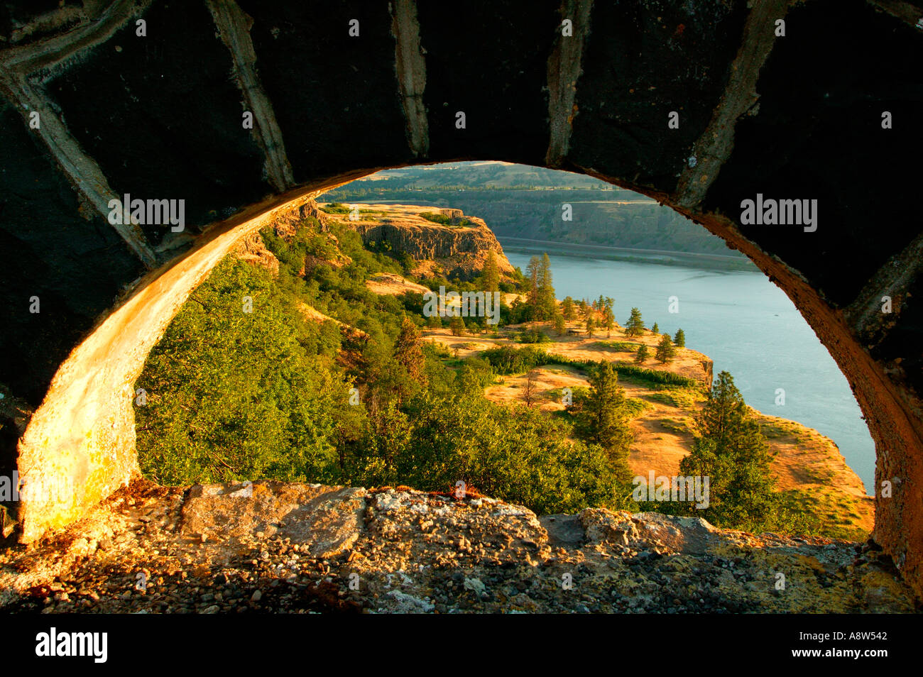 The view through the rock guard rail arch at the Rowena Loops on the ...