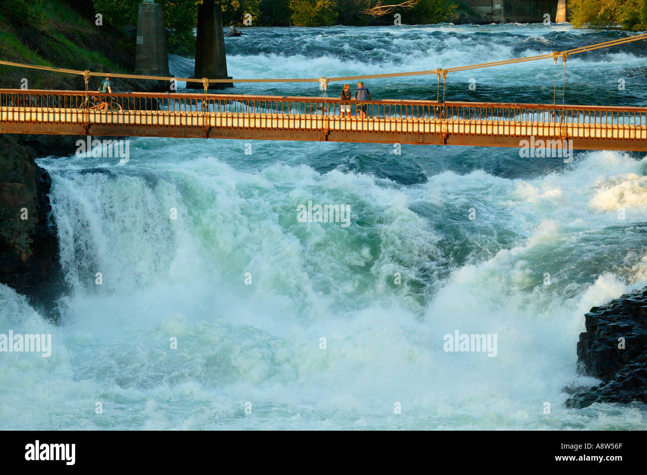 A bridge over the waterfalls along the Spokane River and Riverfront ...