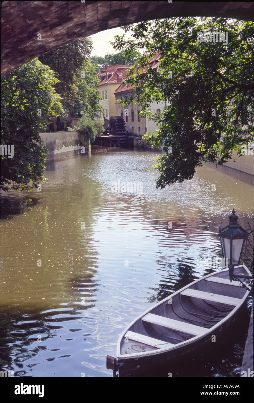 Peaceful scene depicting a river boat with water mill in the background ...