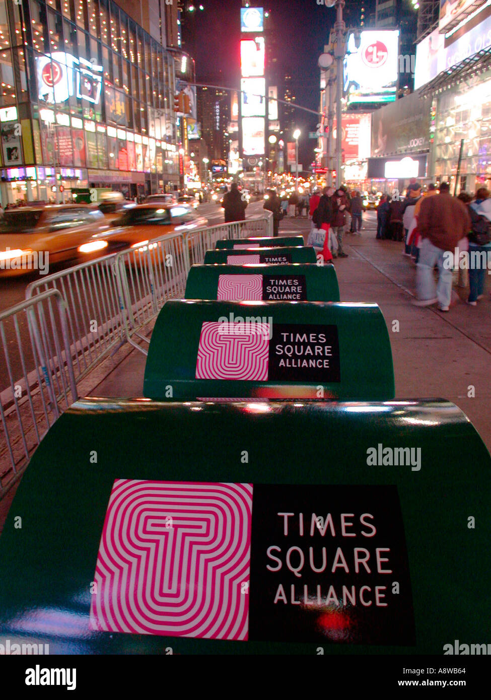 Trash cans are lined up at Times Square the Crossroads of the World ...