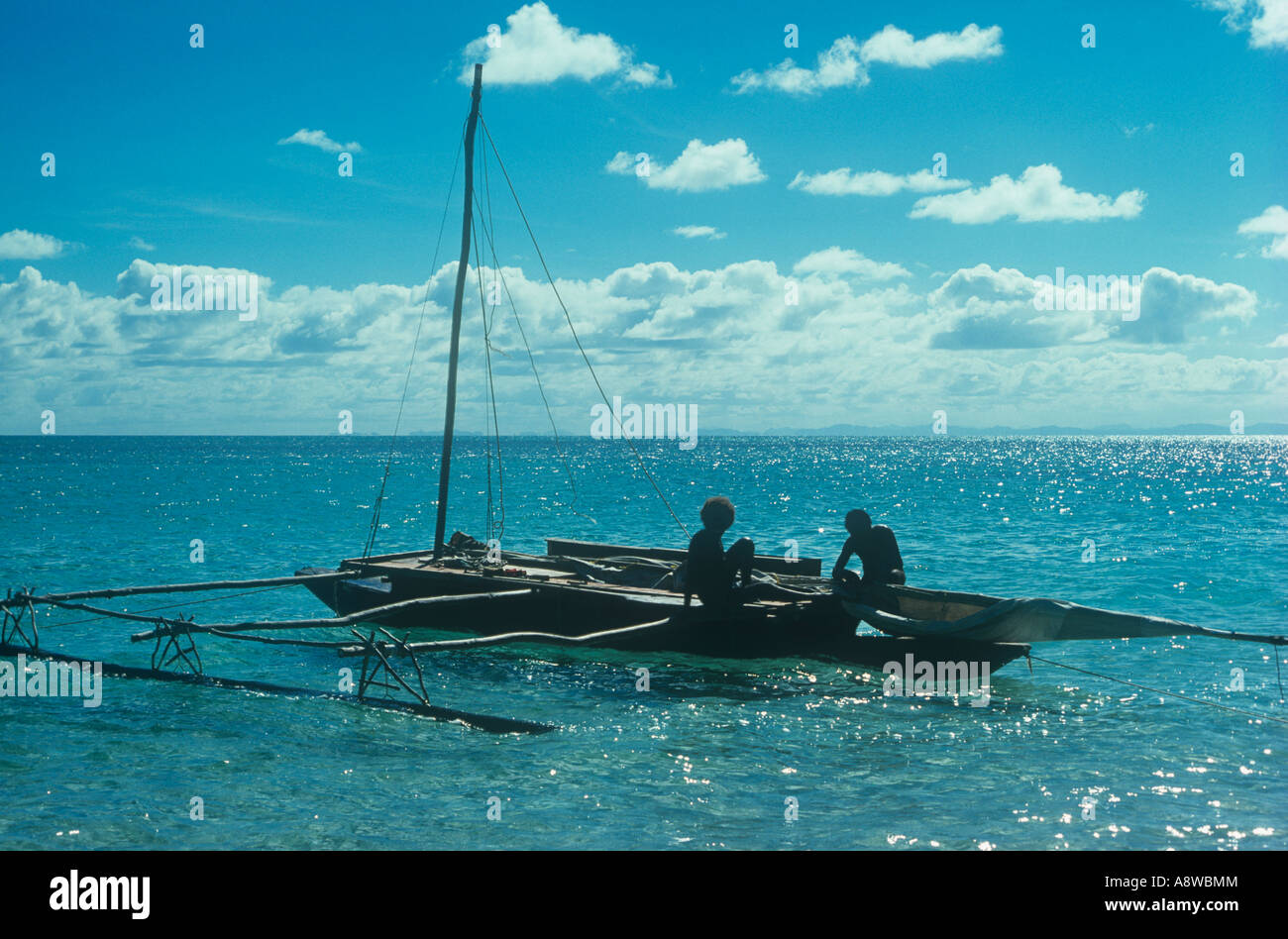 Traditional wooden pirogue used for fishing in the South Pacific Stock ...