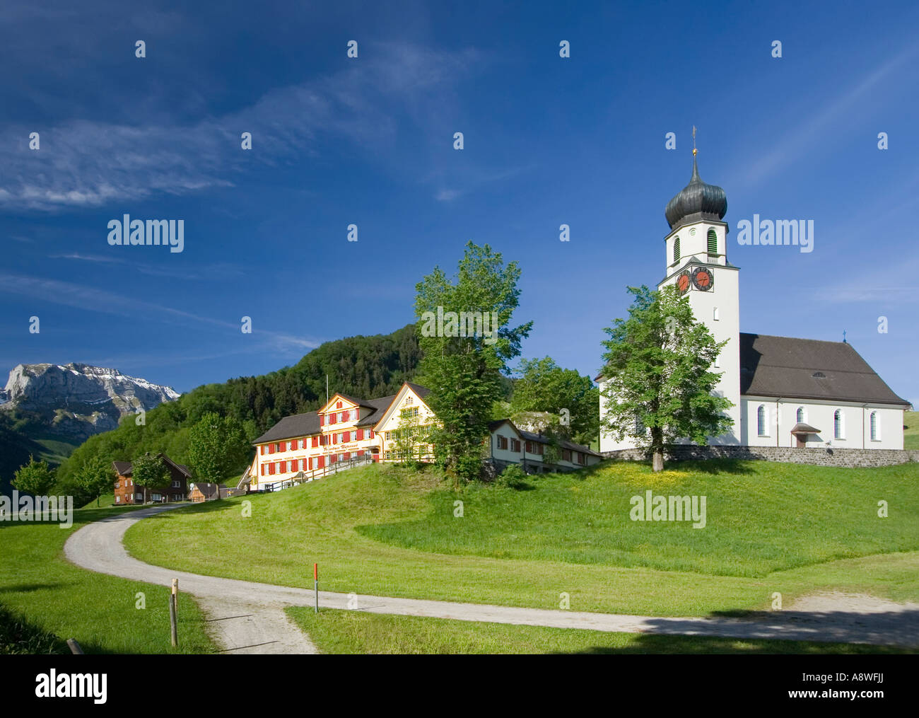 Schwende church and background mountains, Appenzell, Switzerland Stock ...