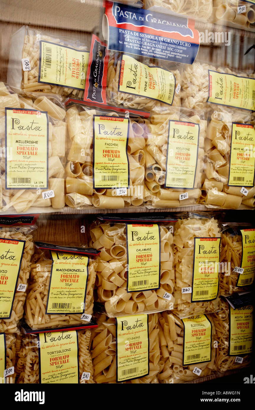 Pasta of various shapes on display in a shop window in Sorrento Italy ...