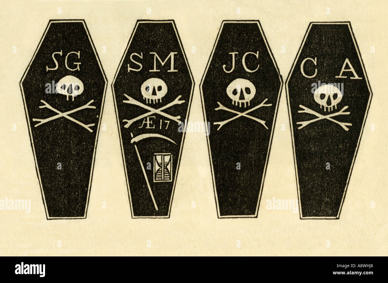 Illustration protesting the Boston Massacre showing coffins with the ...