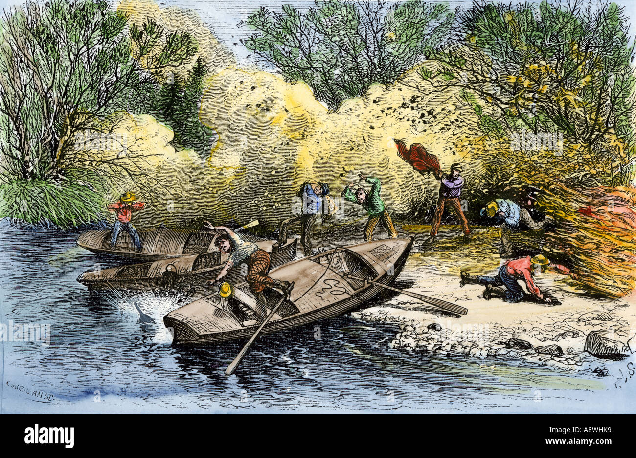 Fire destroying the camp of John Wesley Powell during his exploration ...