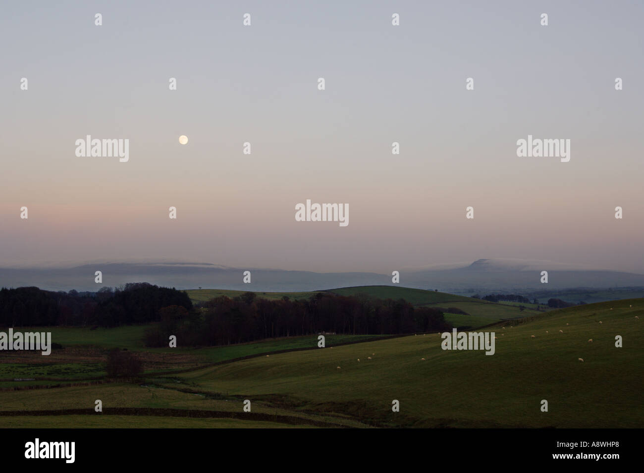 Moonrise over hills above the Lune valley in North Lancashire with ...