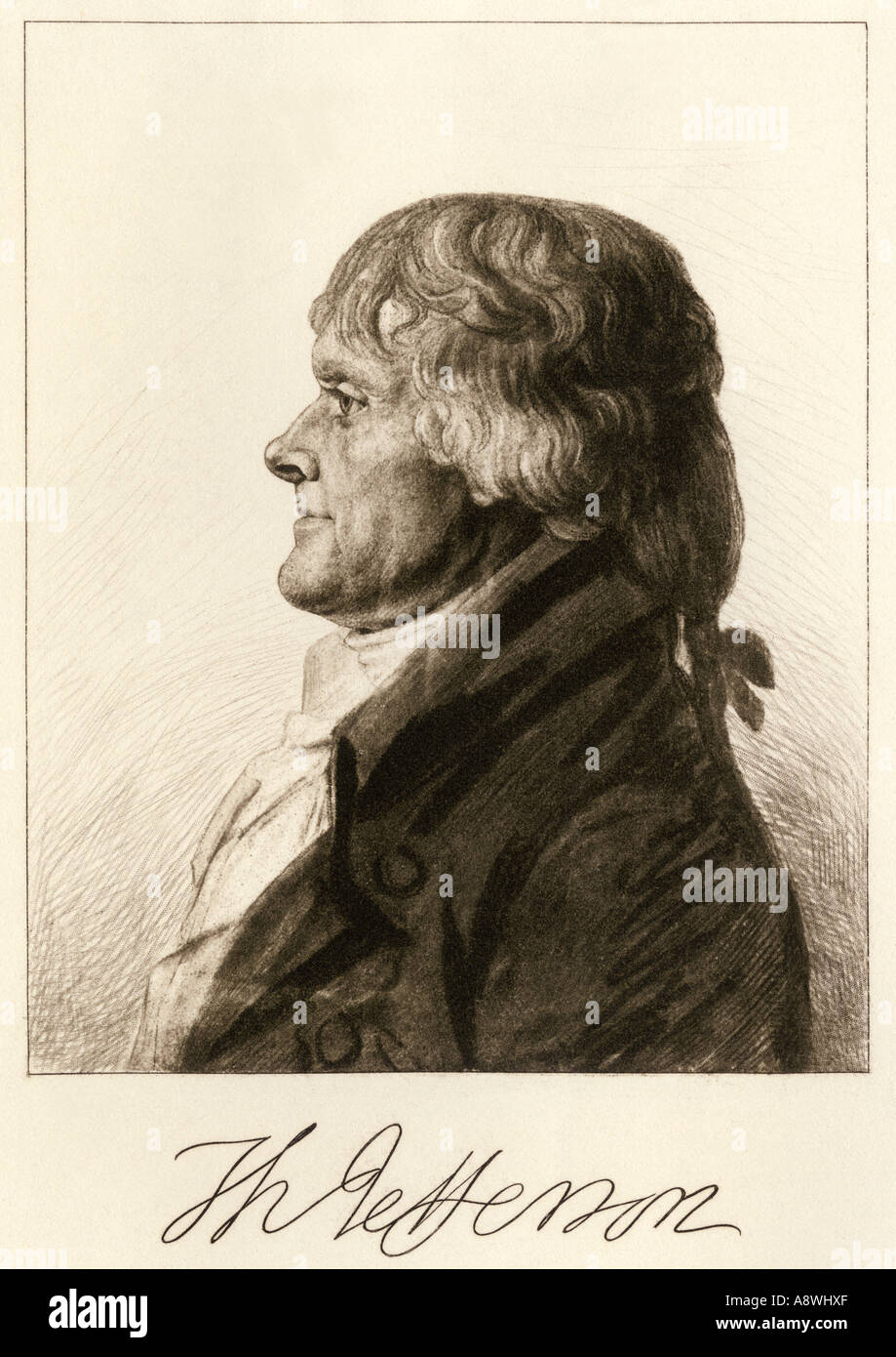 Thomas Jefferson profile with autograph. Photogravure reproduction of a ...