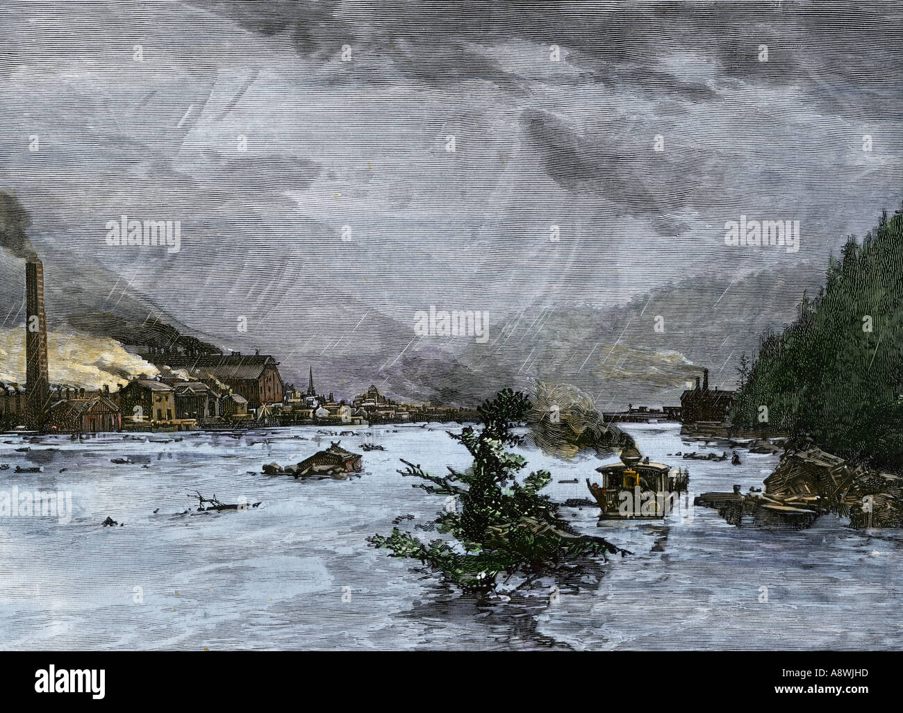 Johnstown Flood, showing the Cambria Iron works and a submerged ...