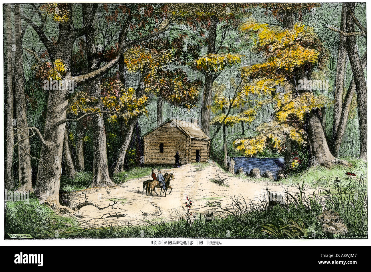 First settler log cabin in Indianapolis Indiana 1820. Hand-colored ...