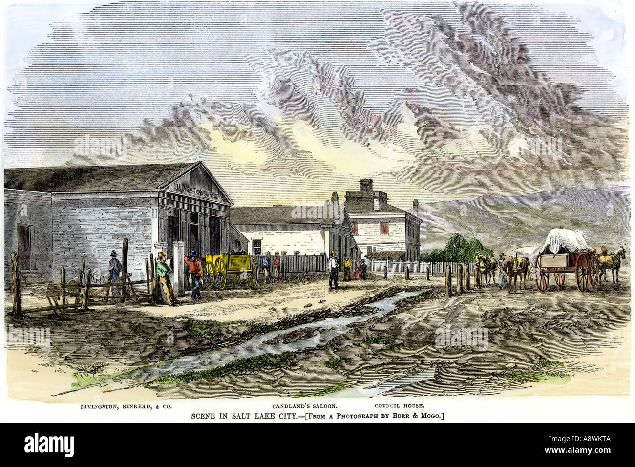 Mormon Council House in Salt Lake City Utah 1850s. Hand-colored woodcut ...