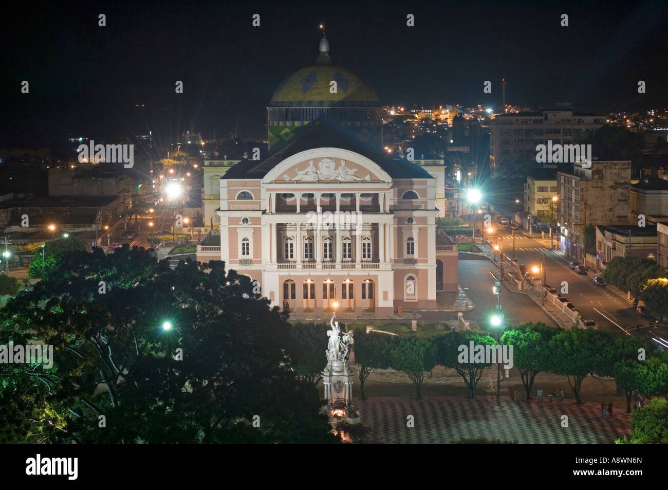 An aerial view of the Teatro Amazonas - The Amazonas Theatre in Manaus ...