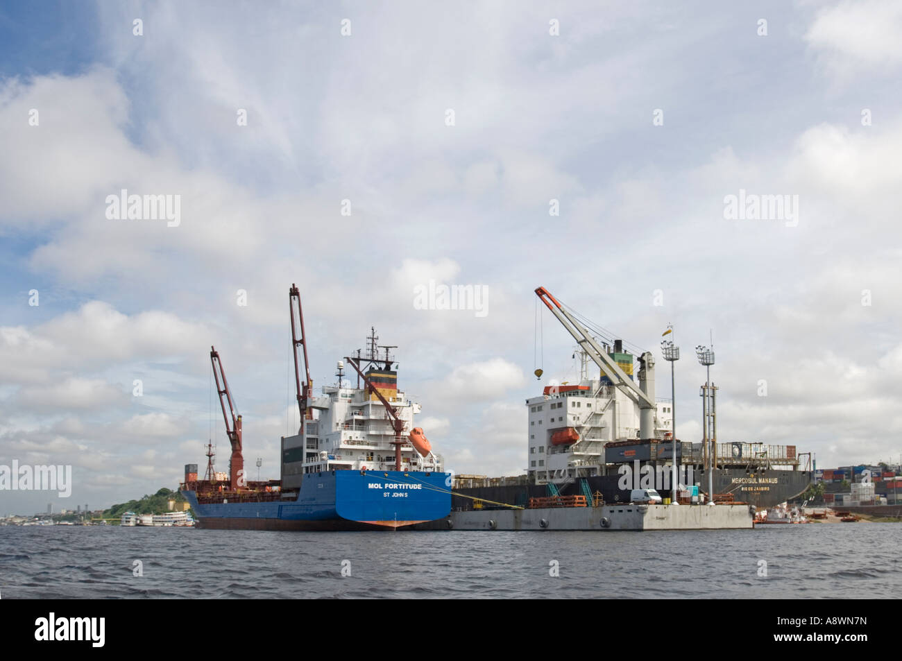 Container ships docked in the port of Manaus unloading or loading goods ...