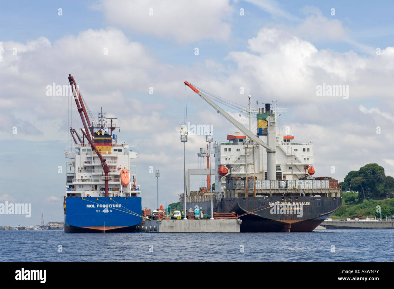 Container ships docked in the port of Manaus unloading or loading goods ...