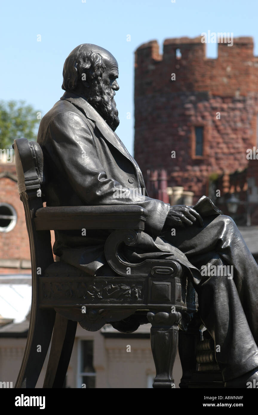 Charles Darwin statue and Shrewsbury Castle, Shropshire, UK Stock Photo ...