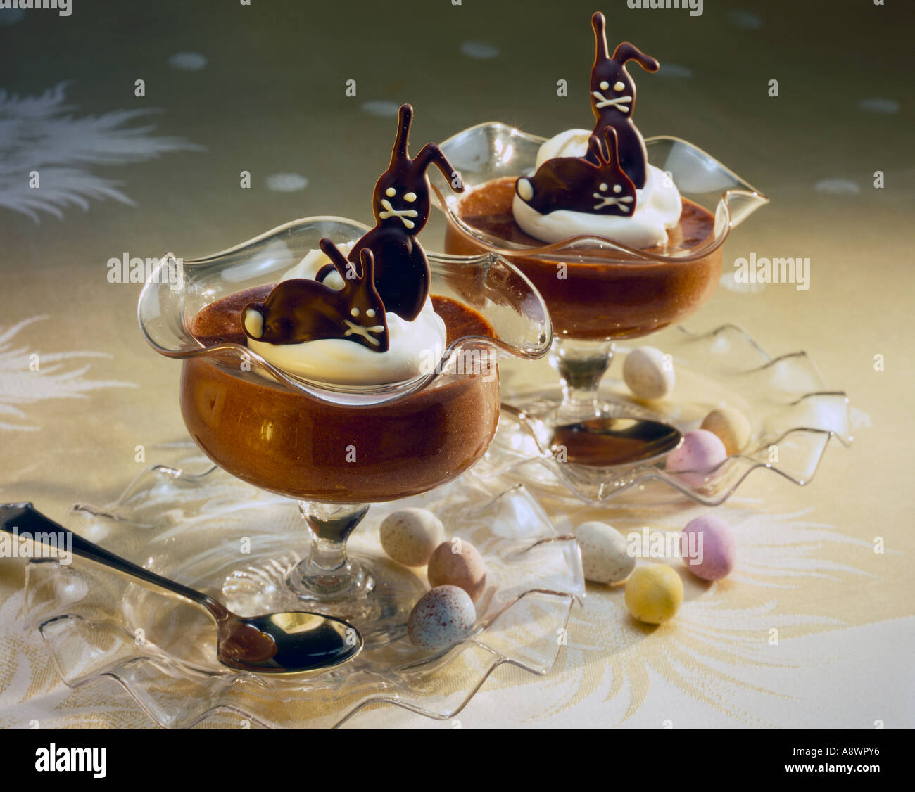 Chocolate mousse with cream chocolate bunnies on top mini eggs round ...