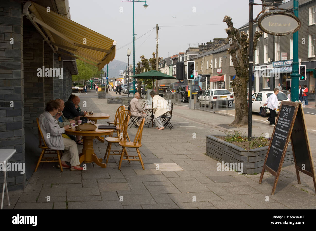 people sitting at outdoor cafe Porthmadog Gwynedd Snowdonia national ...