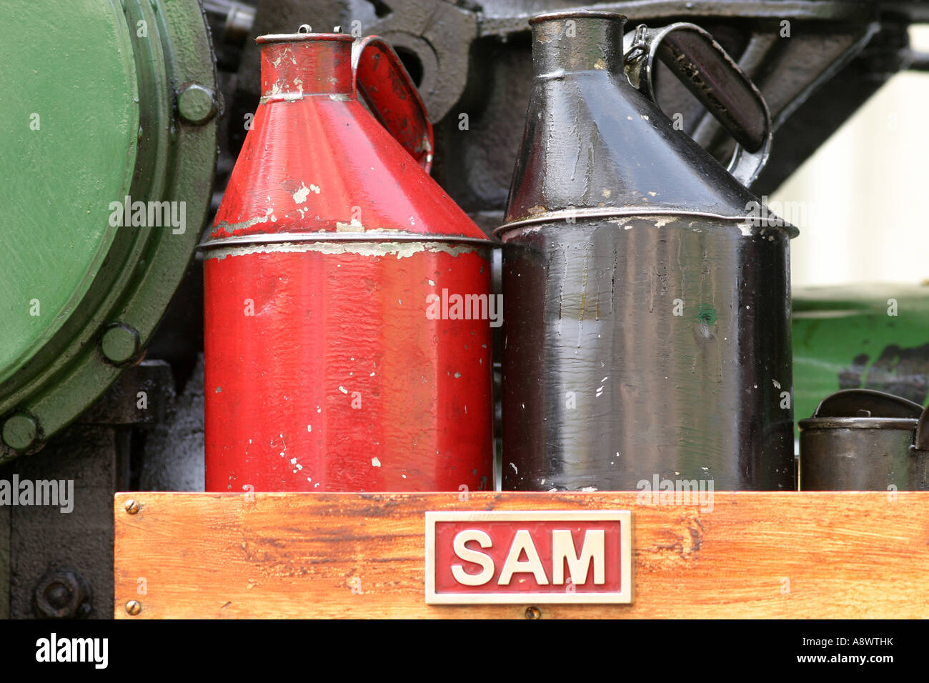 Oil cans on steam engine Trevithick Day Camborne Cornwall UK Stock ...