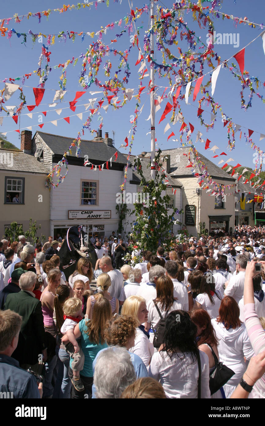Crowds around the Maypole watching Obby Oss Padstow May Day Cornwall UK ...