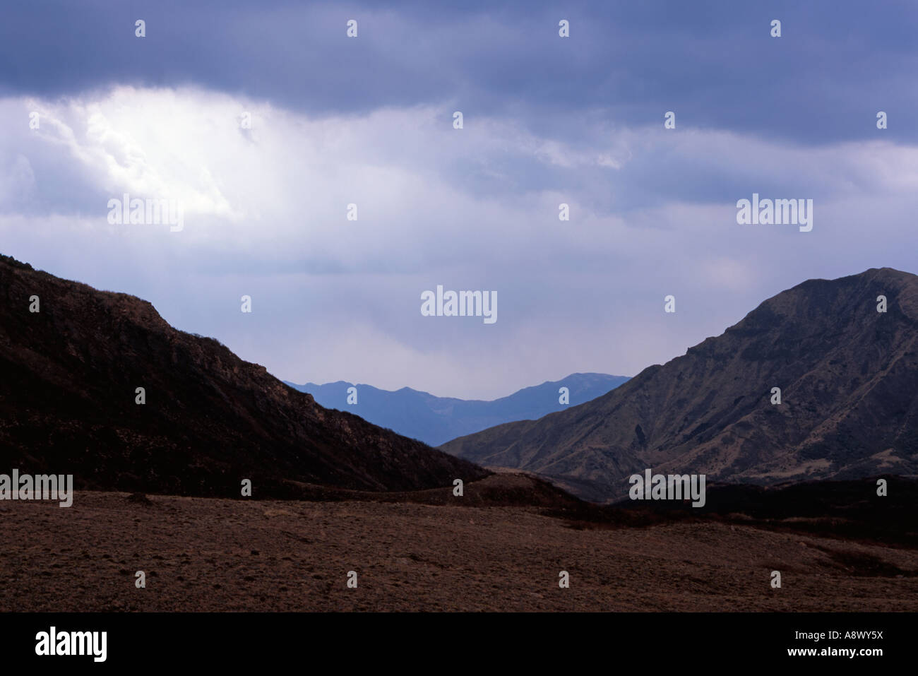 Rugged scenery beside Mount Aso the largest volcano in Japan Stock ...