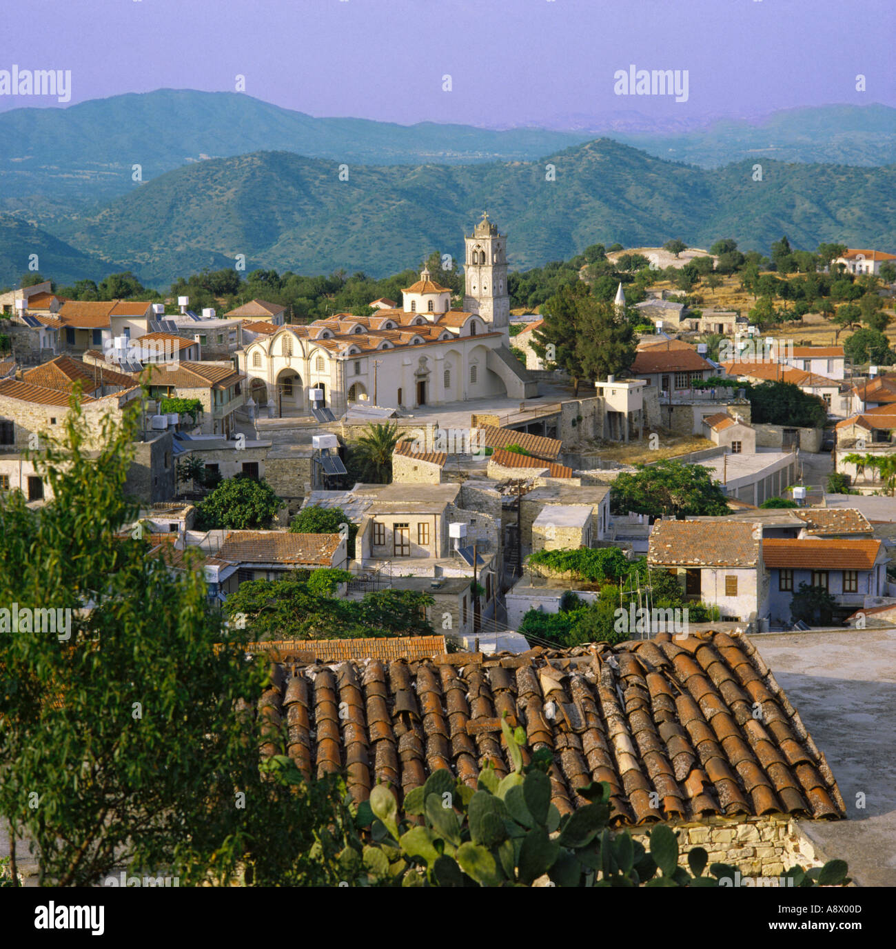 Landscape view of pretty village scene of Lefkara with houses church ...