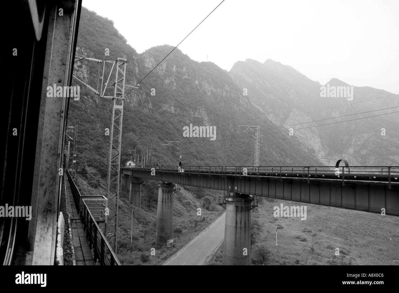 China Inside A Train Between Beijing And Datong Railroad Bridge Over A ...