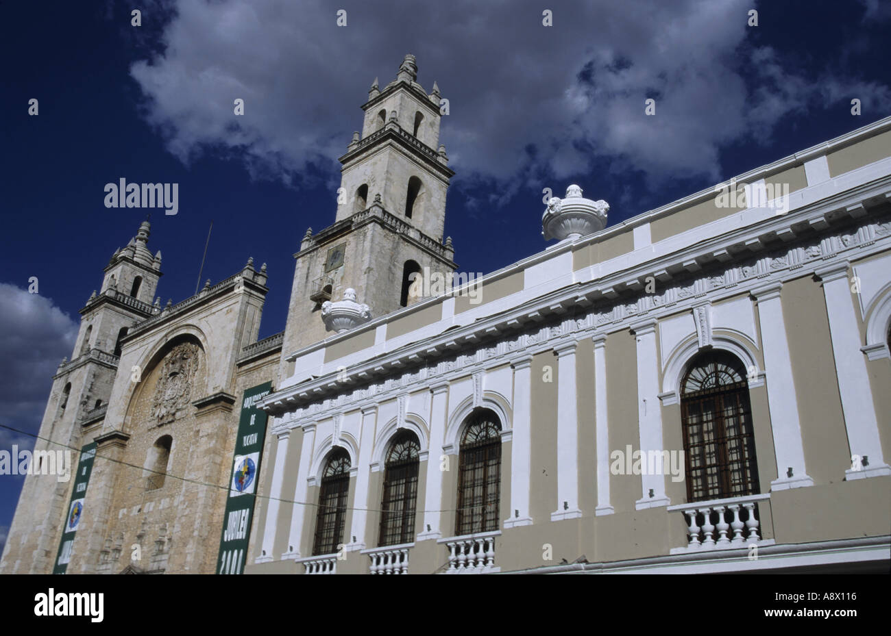 Facades of the cathedral and the modern art museum, Merida, Yucatan ...