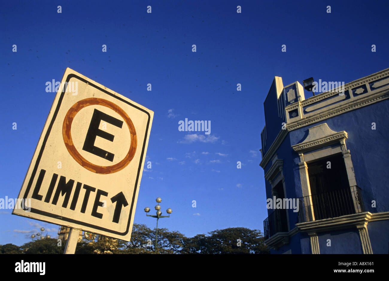 Road sign and building facade in the Zocalo in Campeche, Mexico Stock ...