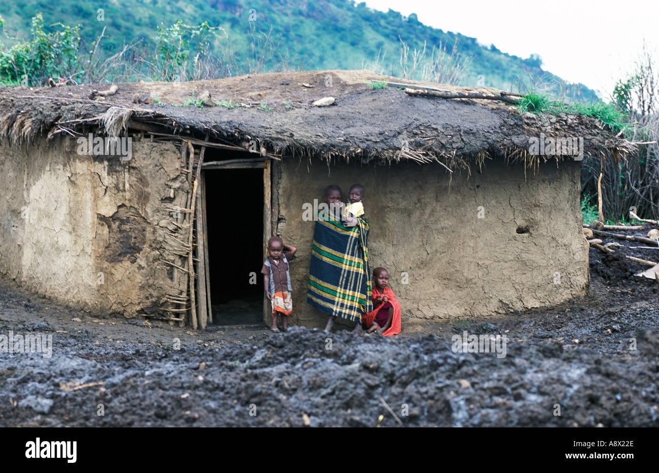 KENYA Masai Mara Reserve Manyatta village with traditional circular ...