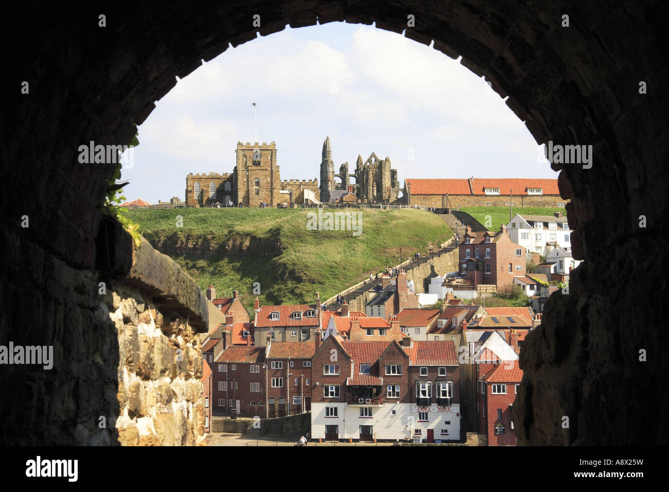 Whitby Abbey St Mary s church the 199 steps viewed through a pedestrian ...