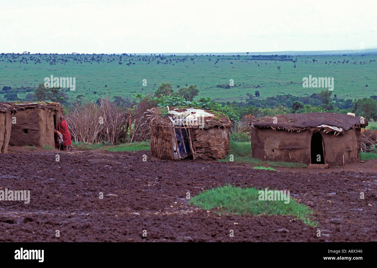 Kenya Masai Mara National Reserve Traditional manyatta village with ...