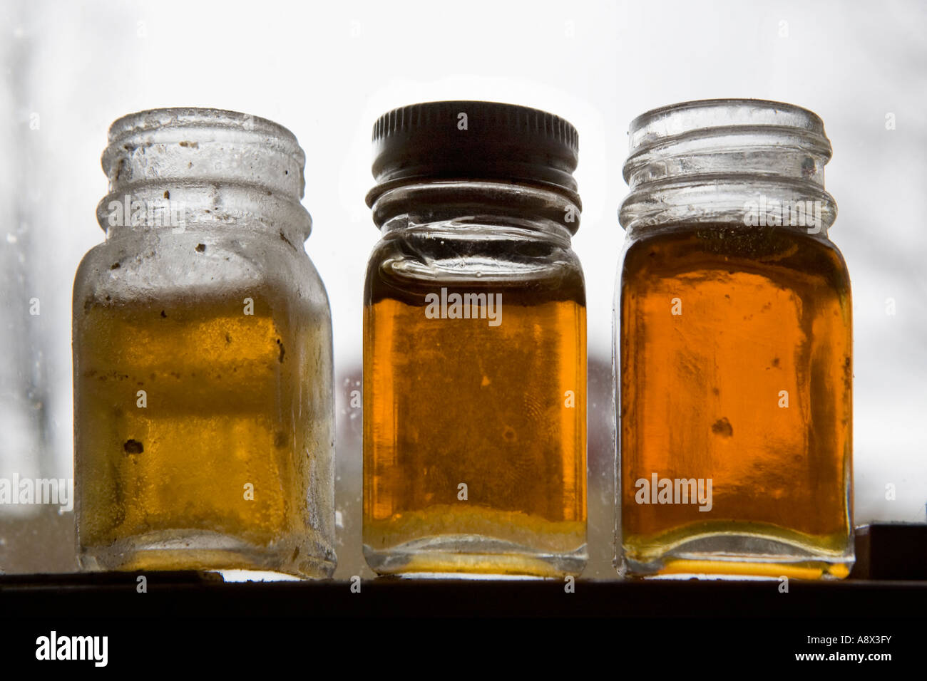 Three grades light medium dark amber maple syrup Stock Photo - Alamy