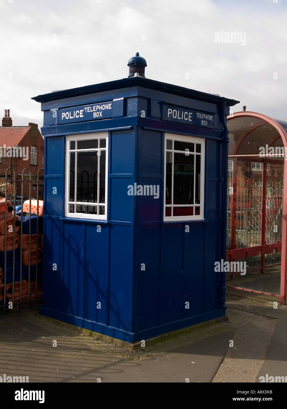 A traditional blue police telephone box at Scarborough North Yorkshire ...