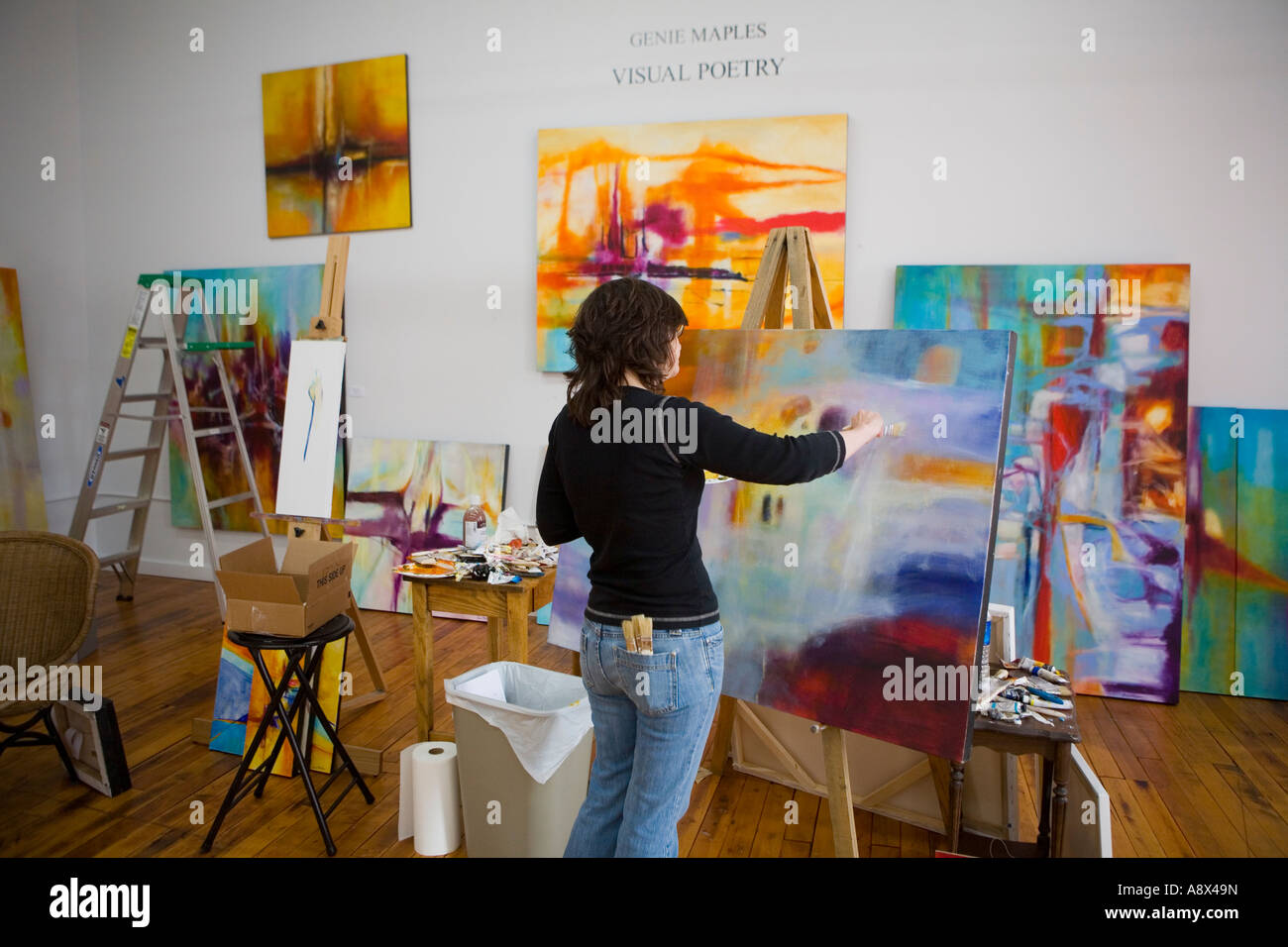Abstract painter Genie Maples works in her studio River Arts District ...