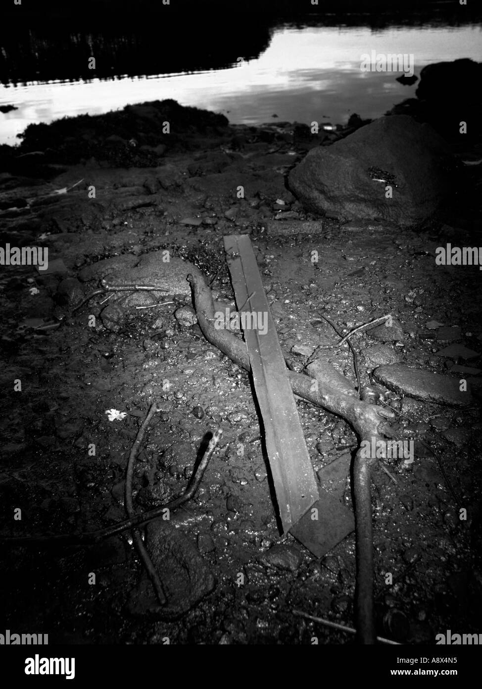 Waste rubbish and debris washed up on the banks of the Lower Bann river ...