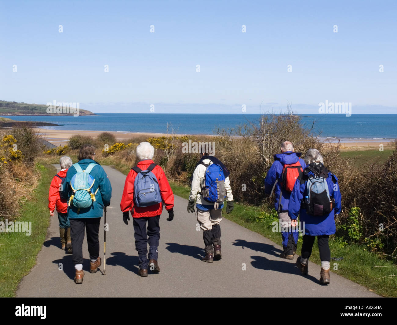 Ynys Mon Ramblers Group of older adult walkers walking along a country ...