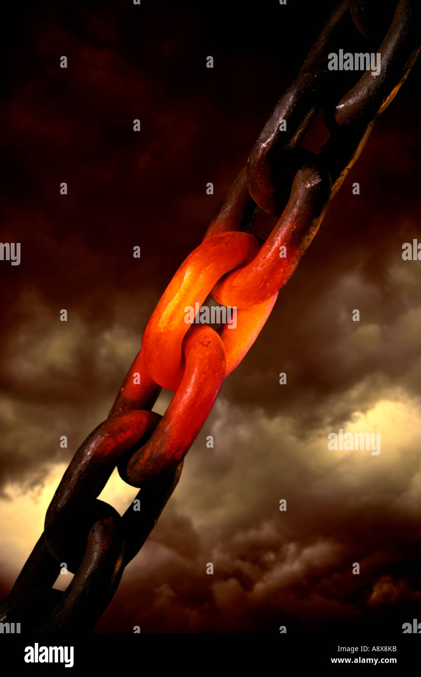 GLOWING HOT STEEL CHAIN WITH RED AND GOLD DARK THUNDERY STORM CLOUDS IN ...
