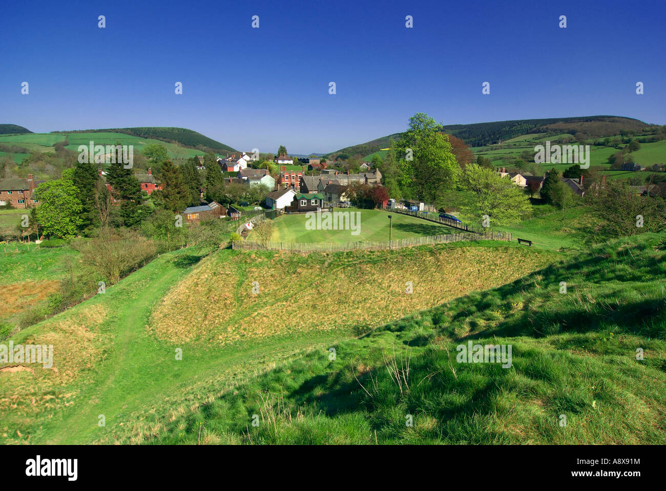 valley of the river clun view from clun castle clun village shropshire ...