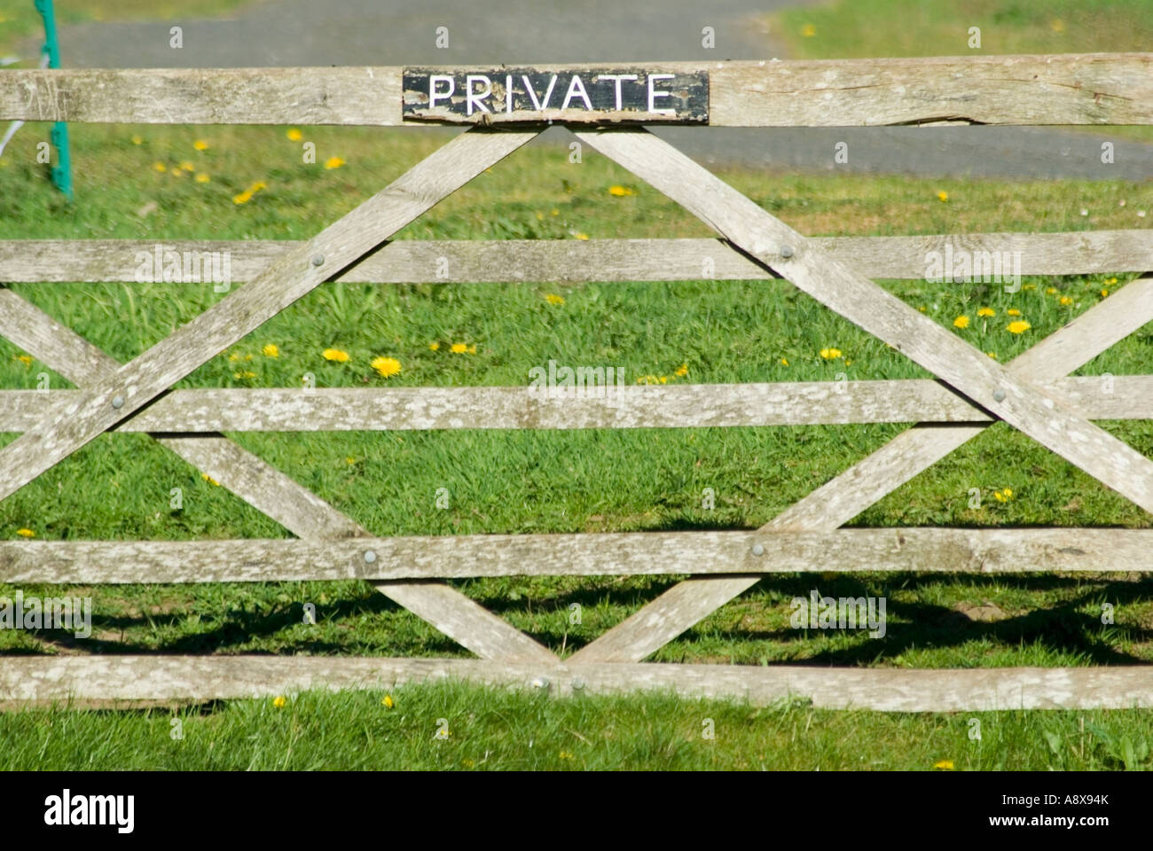 wooden gate to field with private sign Stock Photo - Alamy