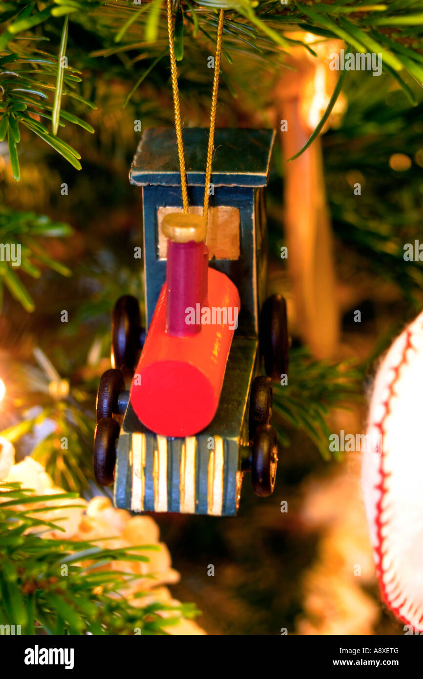 wooden steam train on a Christmas tree Stock Photo - Alamy